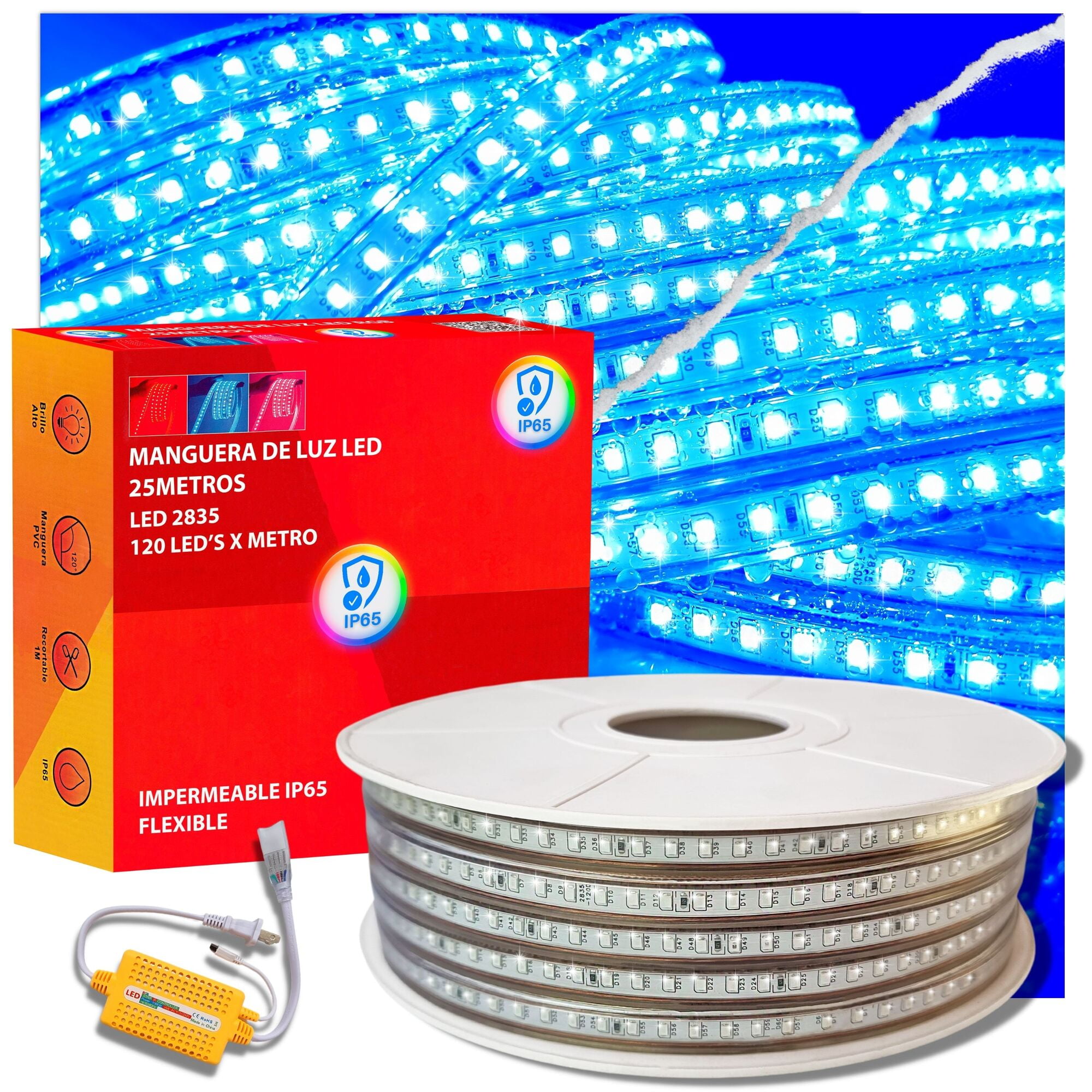 Manguera LED unicolor de 25 metros AZUL- 120 LEDs 2835 por metro ...