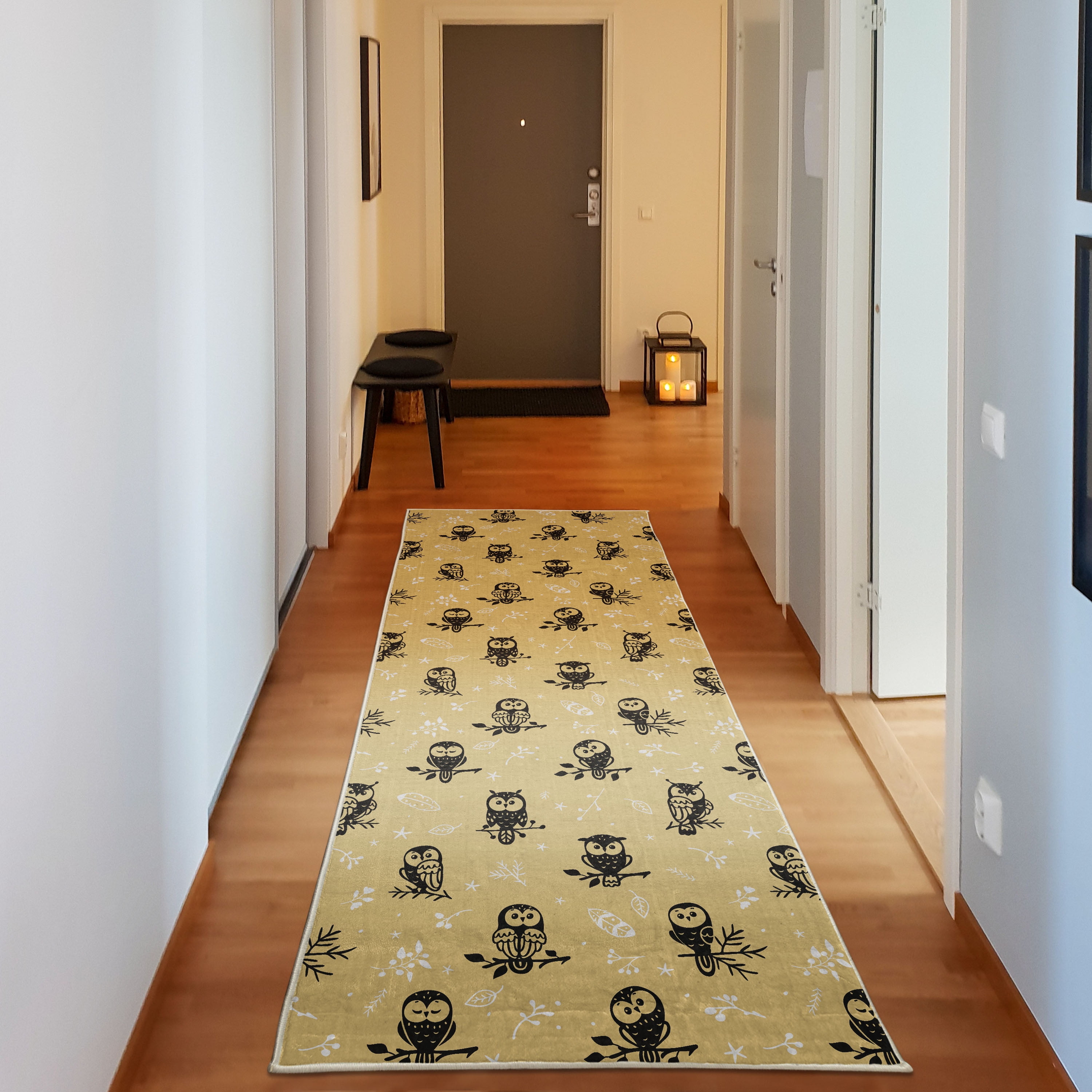 Owl Decorative Rug, Cartoon Style Illustration of Birds on the Branches ...