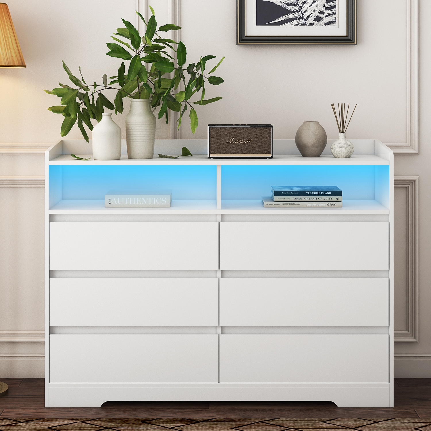 Resenkos 6 Drawer Dresser with LED Light and Open Storage for Bedroom ...