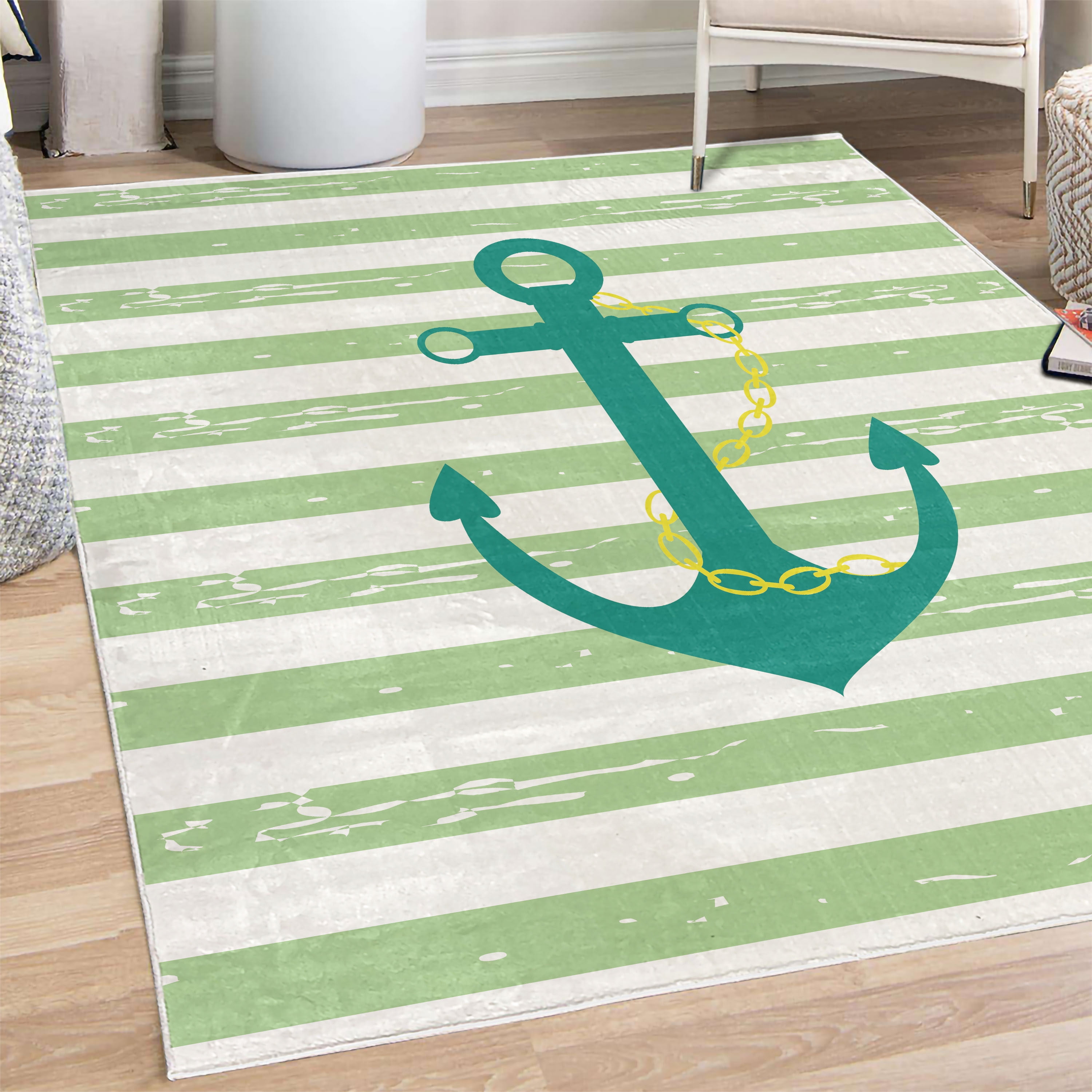 Striped Decorative Rug, Ship Anchor Chain Marine Life Inspired Lines ...