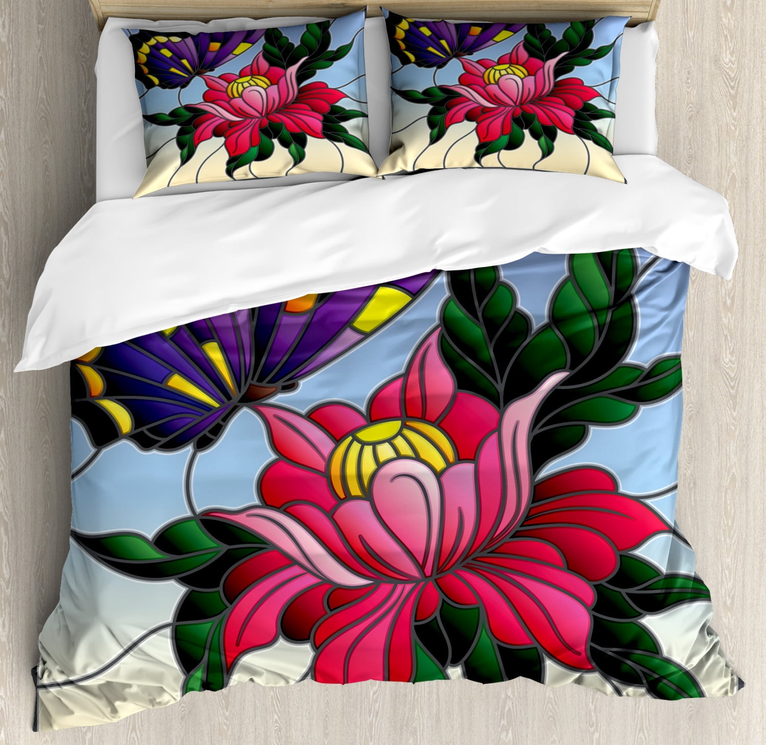 Aster Duvet Cover Set Queen Size, Stained Glass Pattern with Butterfly ...