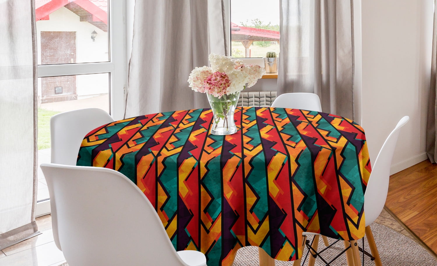 Modern Round Tablecloth, Geometric Contemporary Art Design Black Bold ...