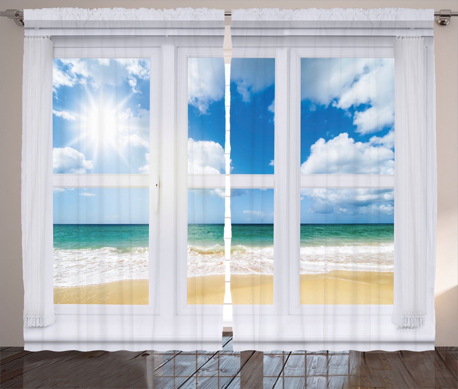 House Decor Curtains 2 Panels Set, Beach House Window Overlooking An ...