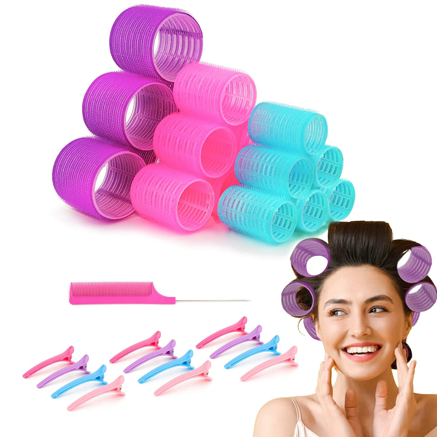 32 Pcs Hair Rollers,3 Sizes Self Grip Velcro Rollers Heatless Styling Tools with Duckbill Clips ...