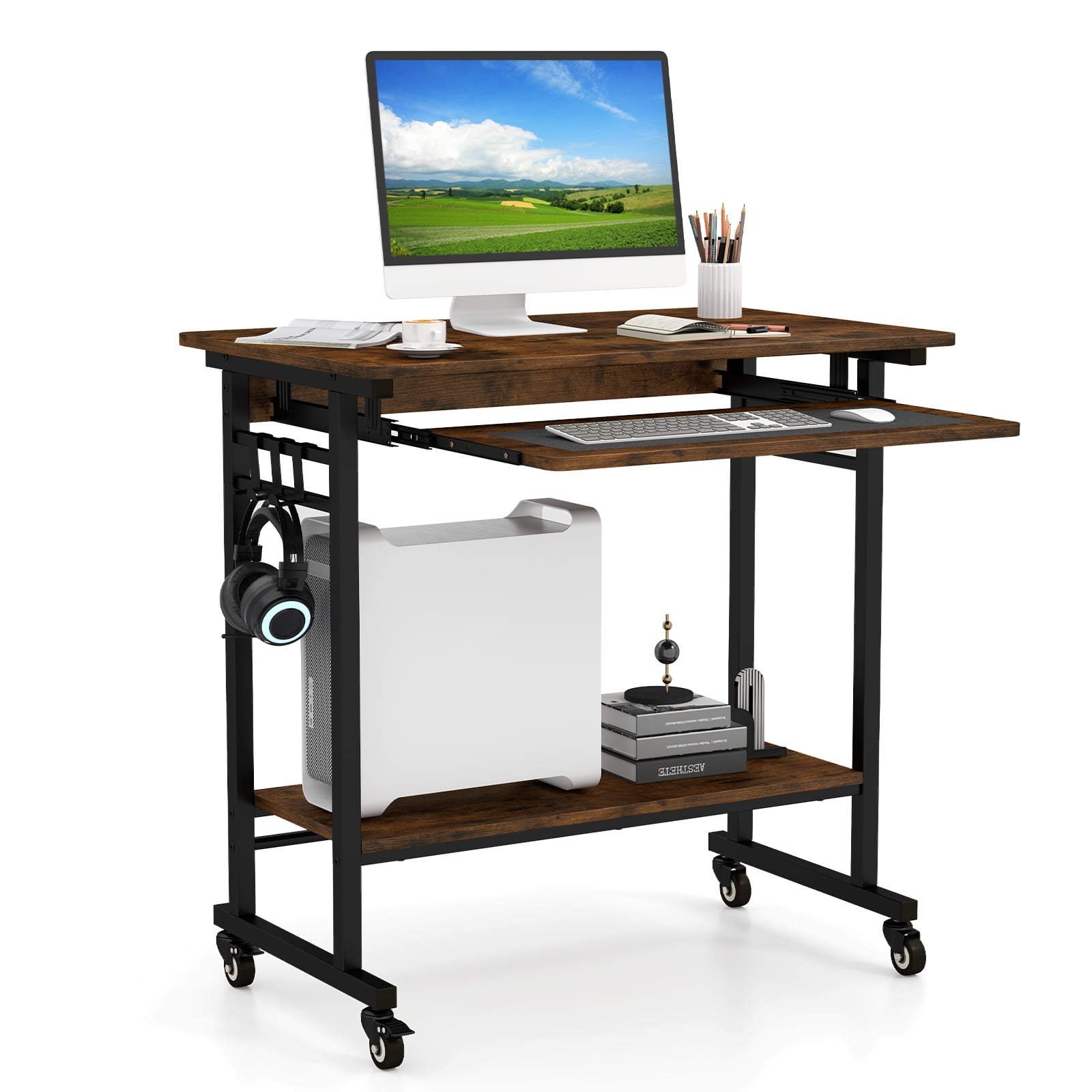 Patiojoy Mobile Computer Desk With Pull-Out Keyboard Tray Compact Laptop Cart Home Office Desk