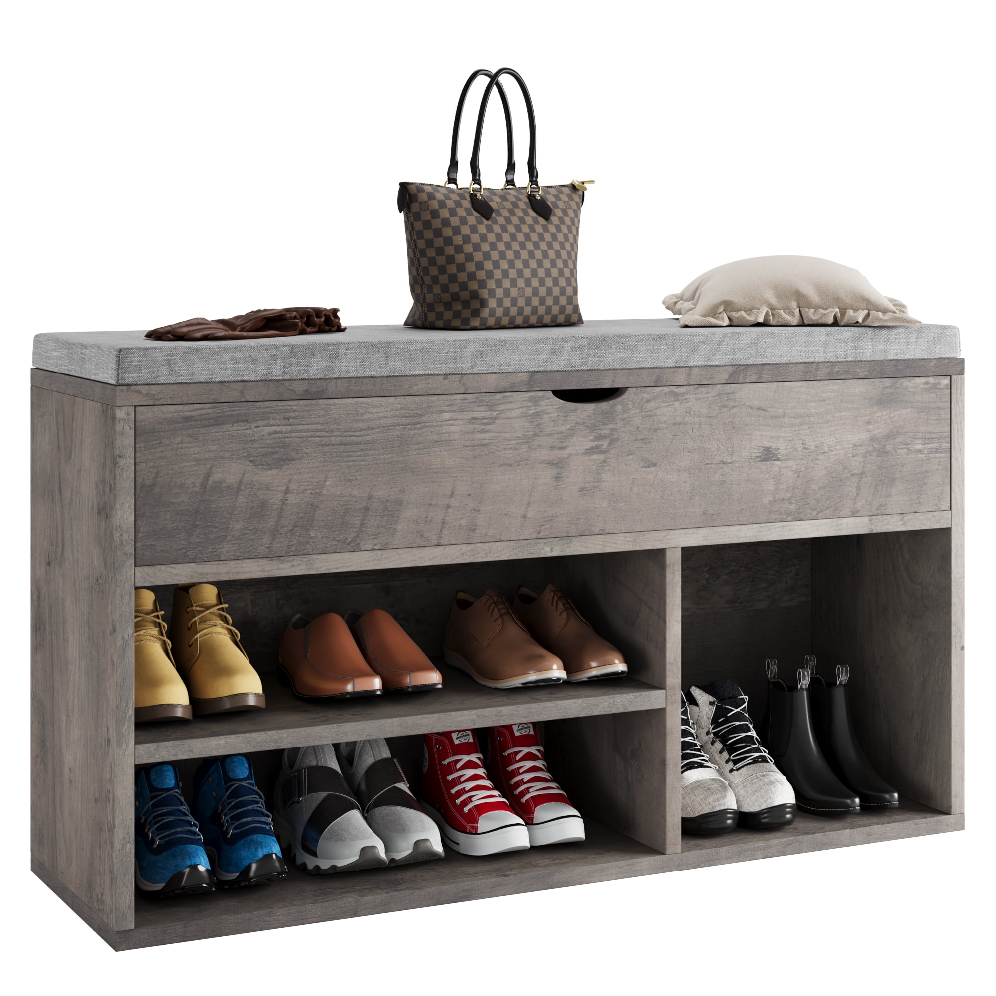 Shoe Bench for Entryway with Seat Cushion, Wooden Storage Bench ...