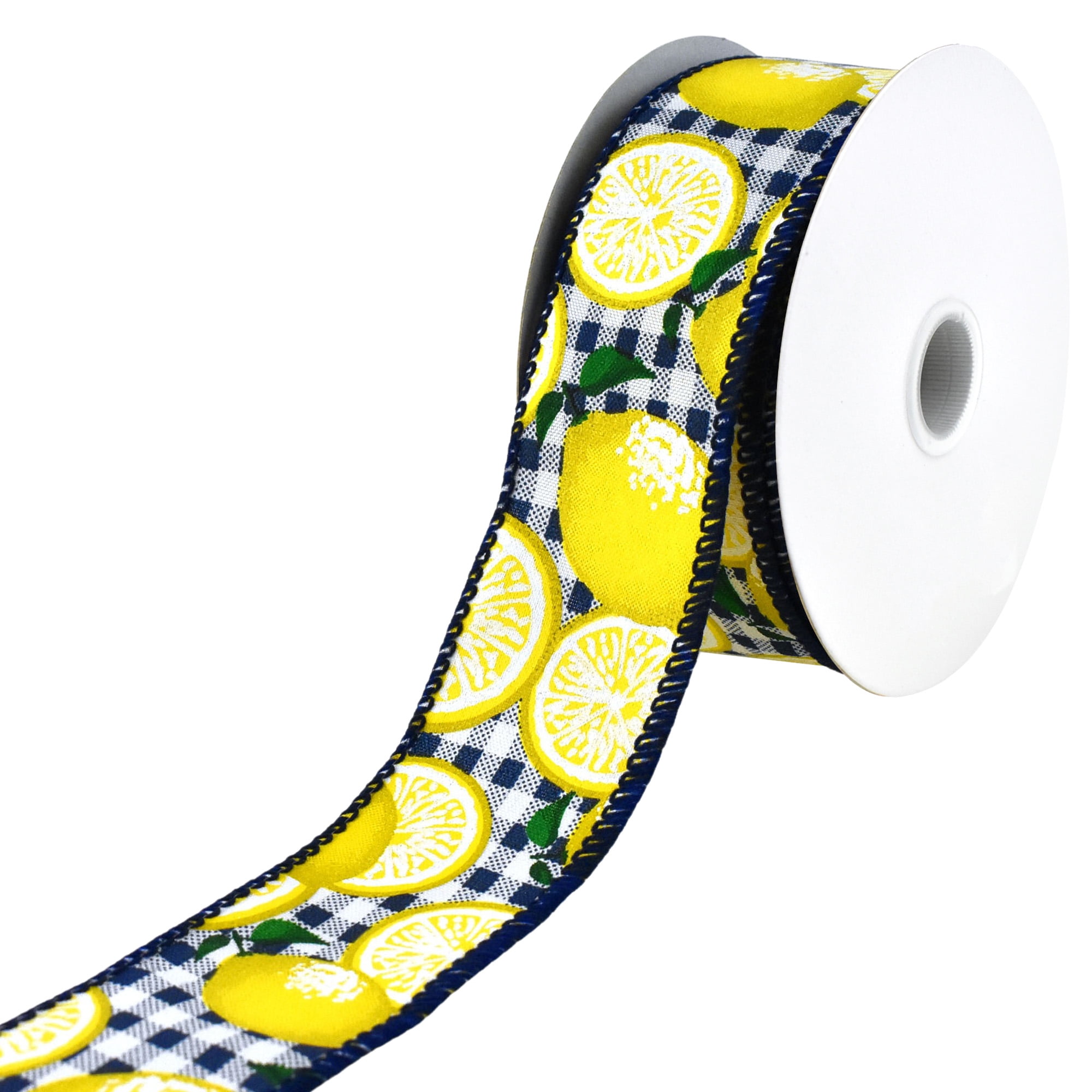 Gingham Printed Lemons Wired Ribbon, 1-1/2-inch, 10-yard, Navy ...