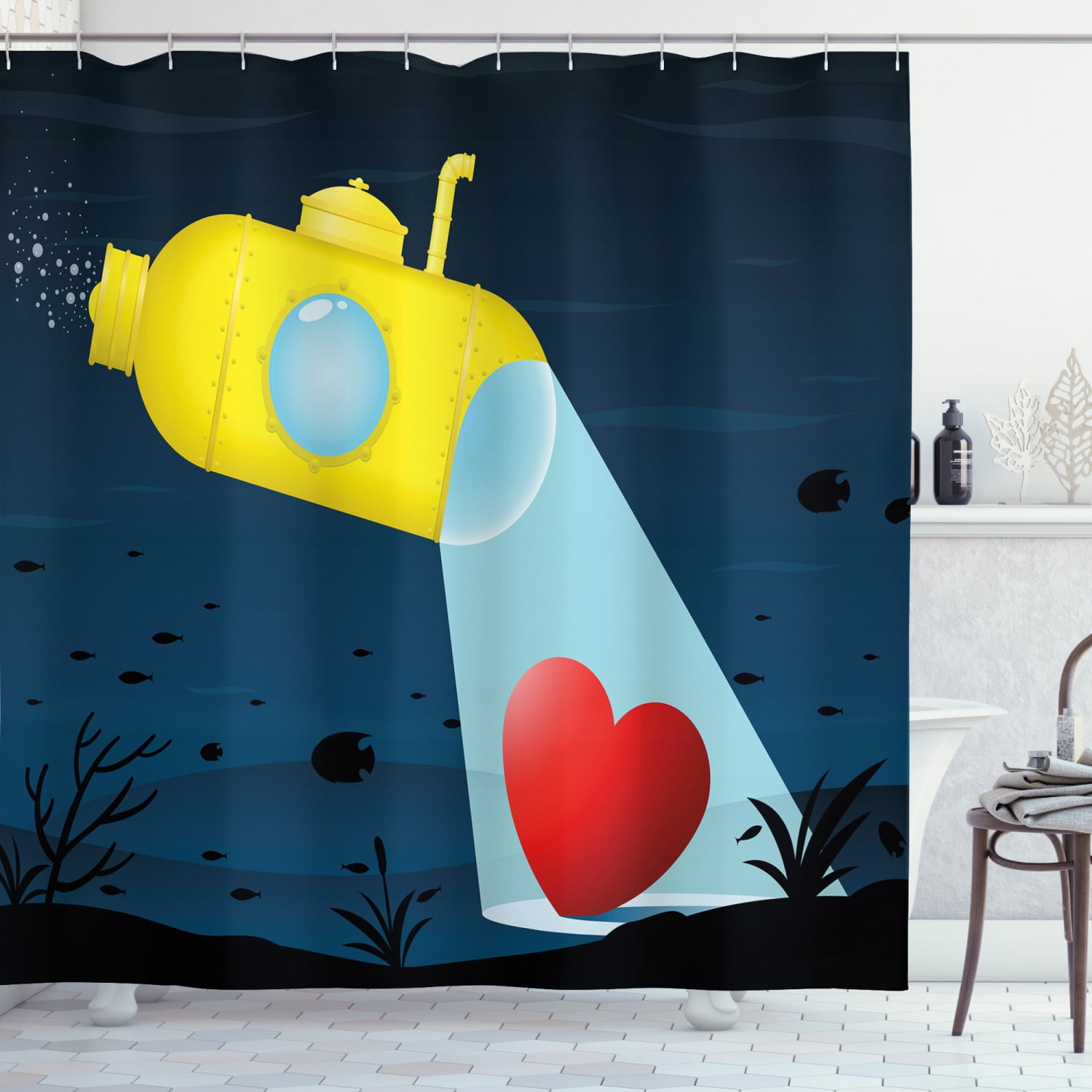 Yellow Submarine Shower Curtain Illustration Of A Underwater Submarine