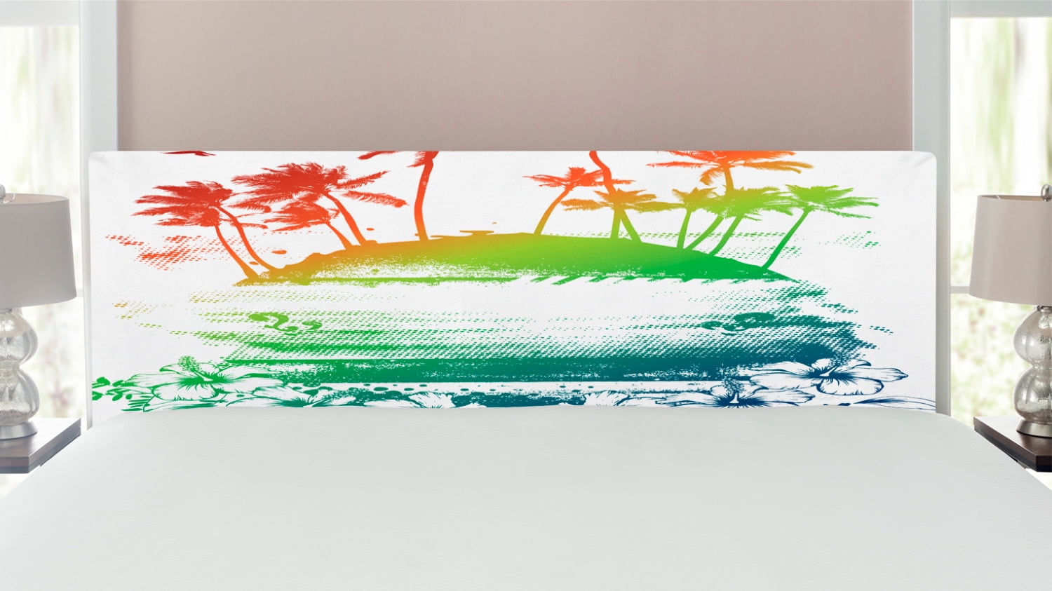 Island Headboard, Grunge Style Inky Colorful Summer Scenery Palms ...