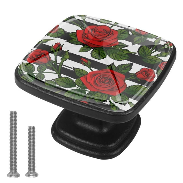 4 Pcs Cabinet Handle Drawer Pulls Blooming Red Roses Knobs with Screws ...