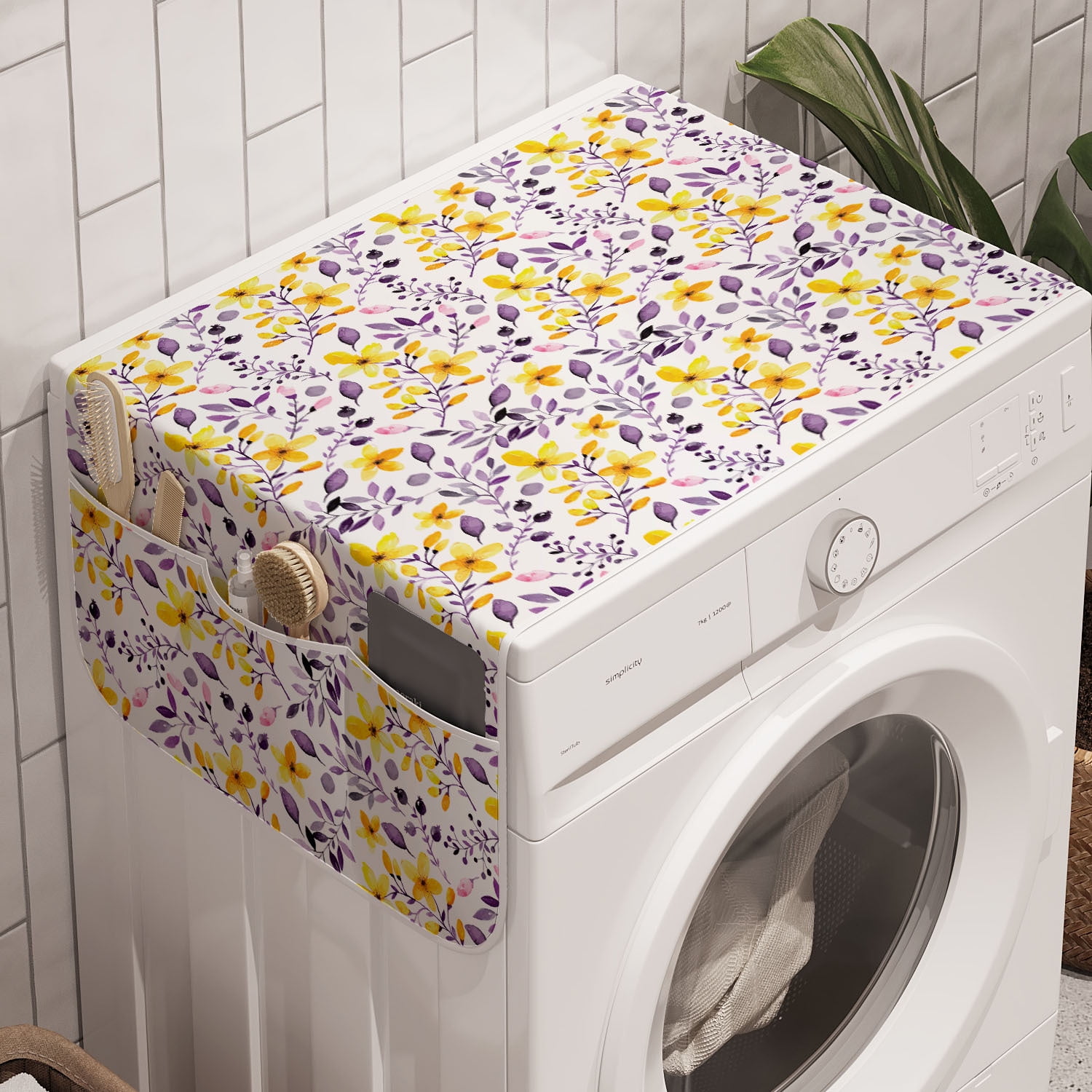Floral Washing Machine Organizer, Purple Leaves and Yellow Flowers ...
