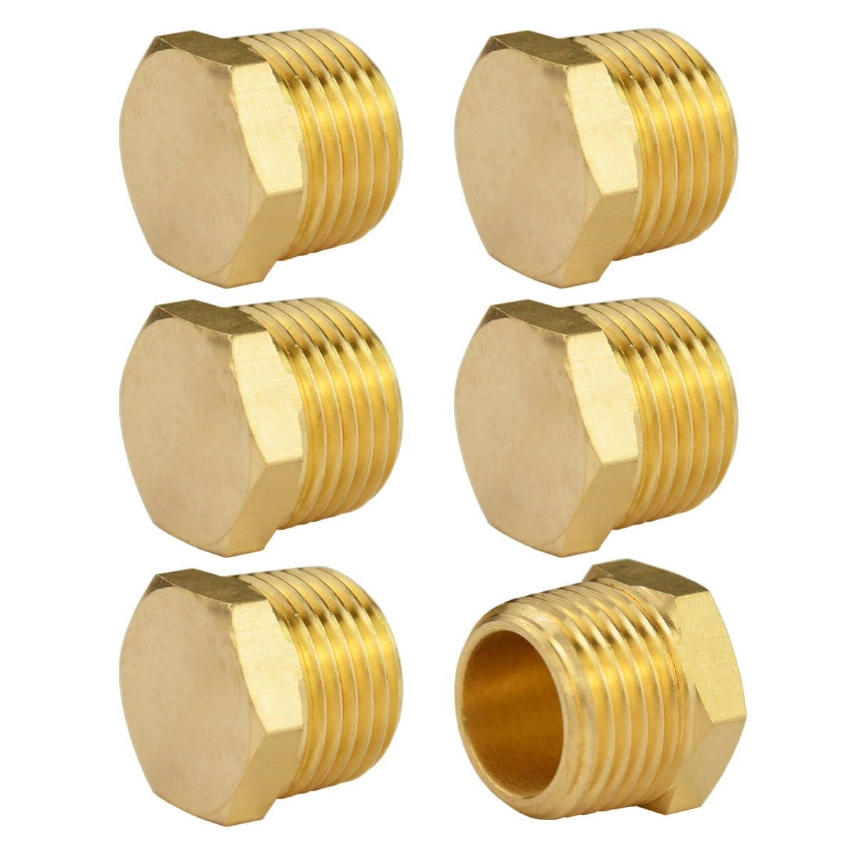 (6 Pack) 1/2 Inch NPT Male Brass Pipe Plug, Brass Outer Hex Thread ...