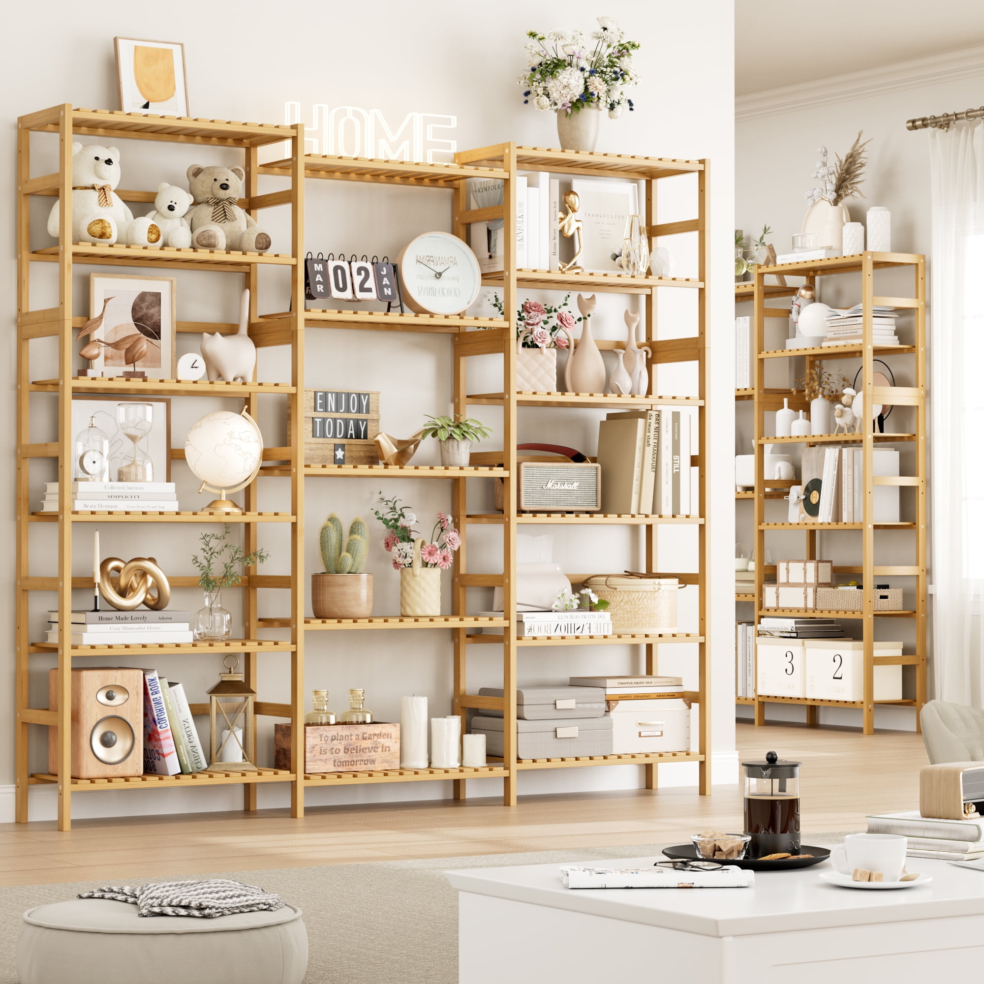 Homfa Triple Wide 6 Tier Bamboo Bookshelf 5ft Wide Bookcase with 17 Open Display Shelves for Home Office Bedroom Living Room Books Natural