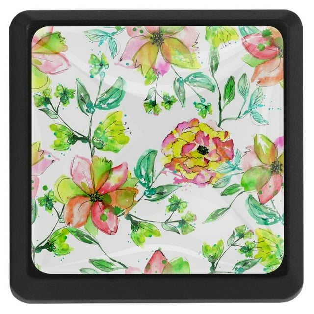 3 Pack Watercolor Floral Square Cabinet Door Knobs Decor for Cupboard ...