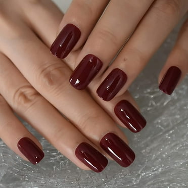 EILLG New Dark Red Press On Nails Short Almond, Handmade Soft Jelly Gel ...