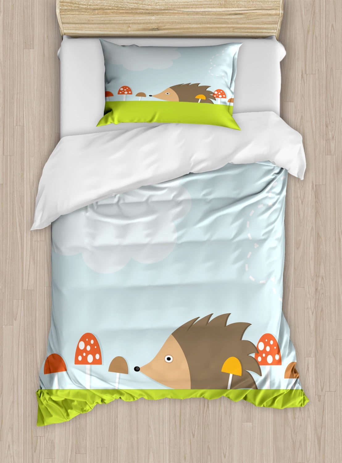 Hedgehog Twin Size Duvet Cover Set, Animal in the Mushroom Field ...