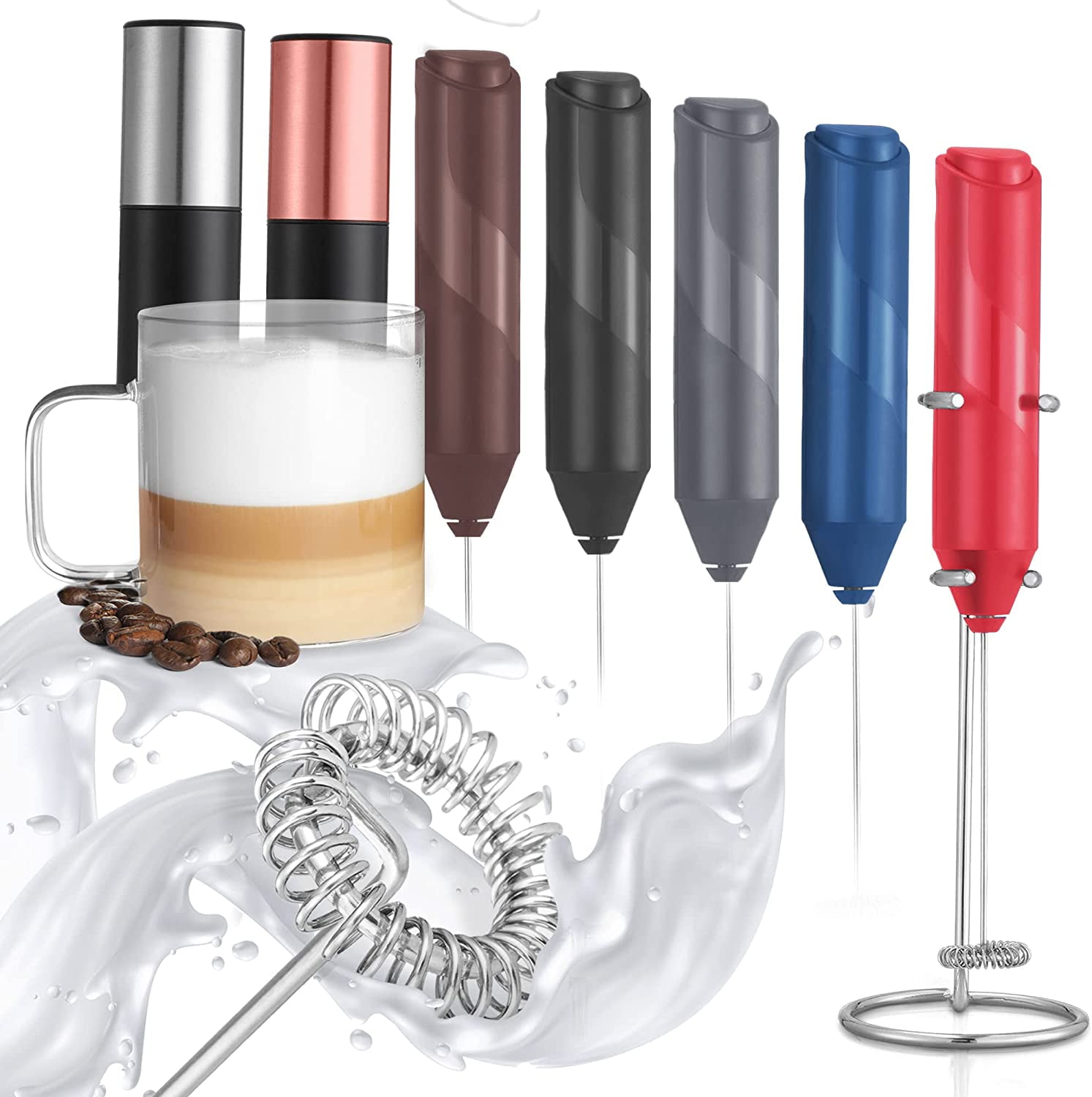 Milk Frother for Coffee, Handheld Drink Mixer Electric Whisk W/ Stand ...