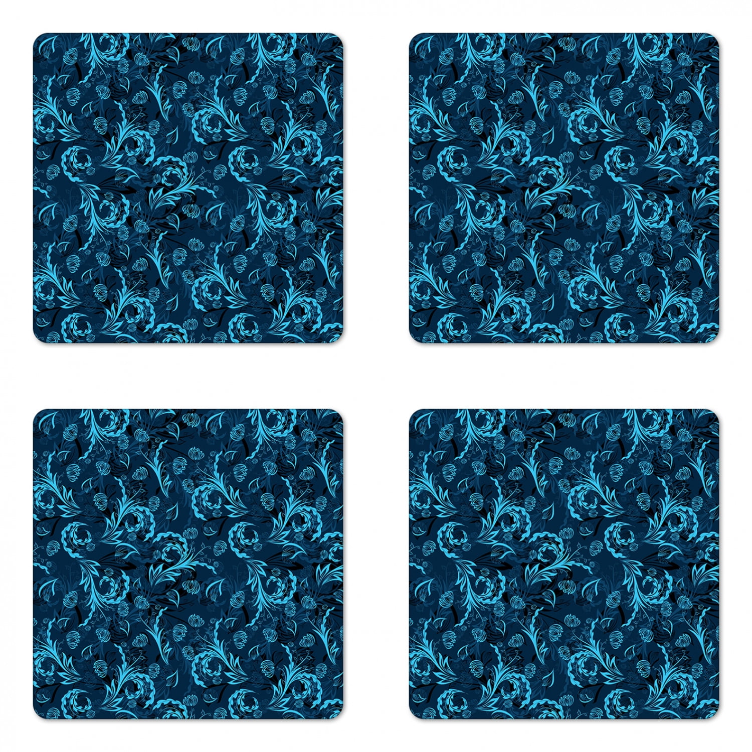 Blue Coaster Set of 4, Abstract Damask Inspired Curvy Flower Ornate ...