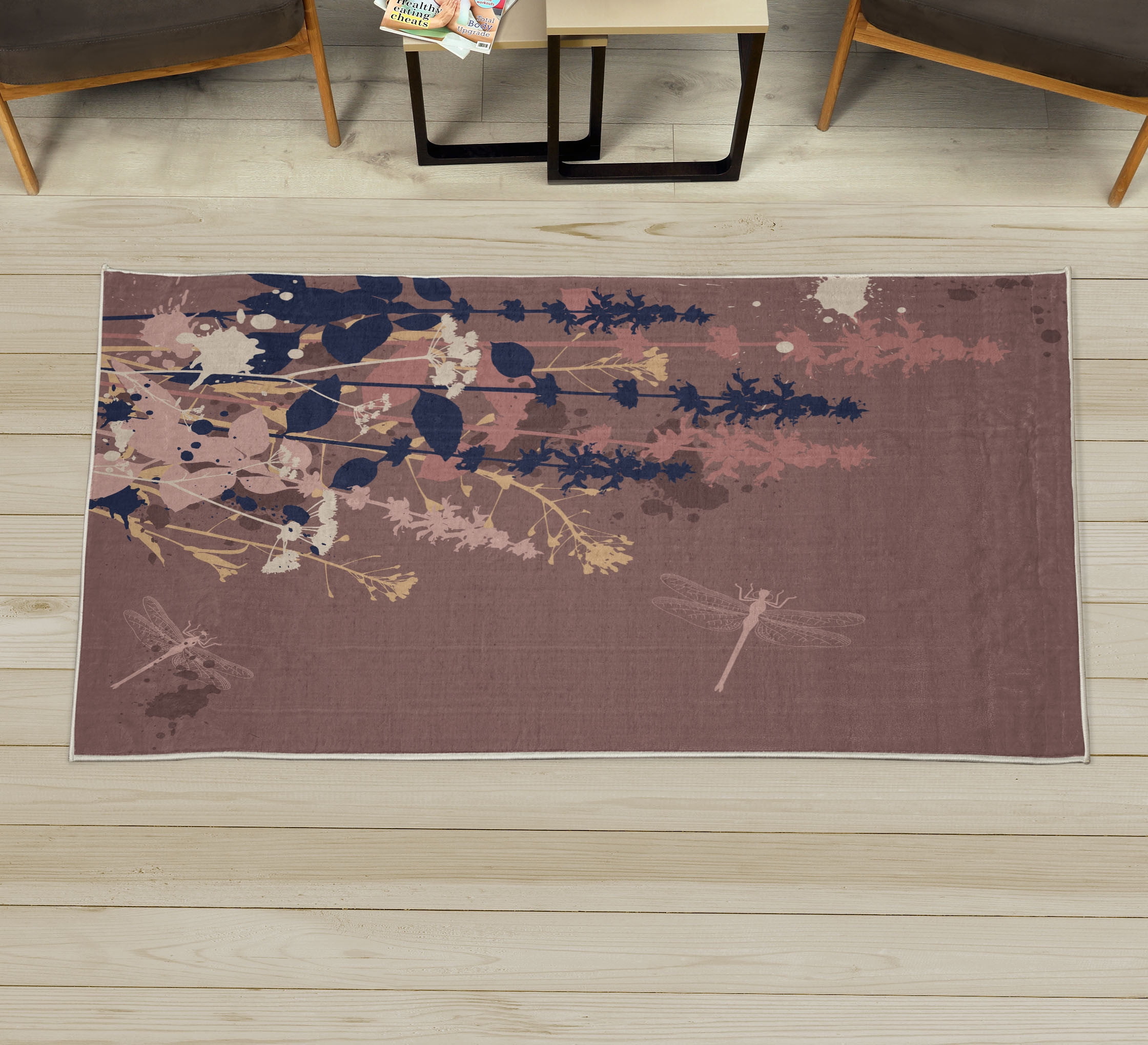 Dragonfly Decorative Rug, Nature Plants Grass with Wildflowers with ...