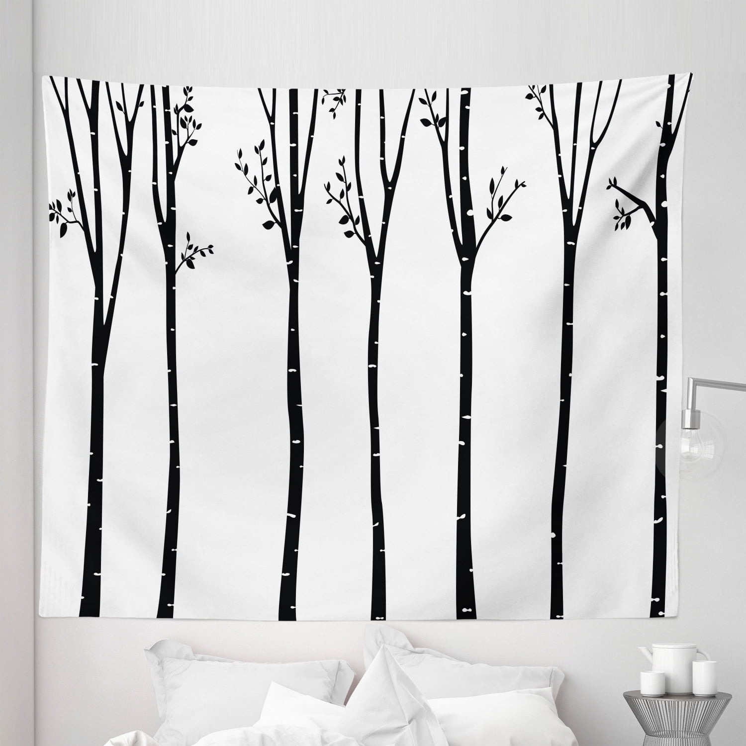 Black and White Tapestry, Monochrome Birch Tree Silhouettes with Autumn ...