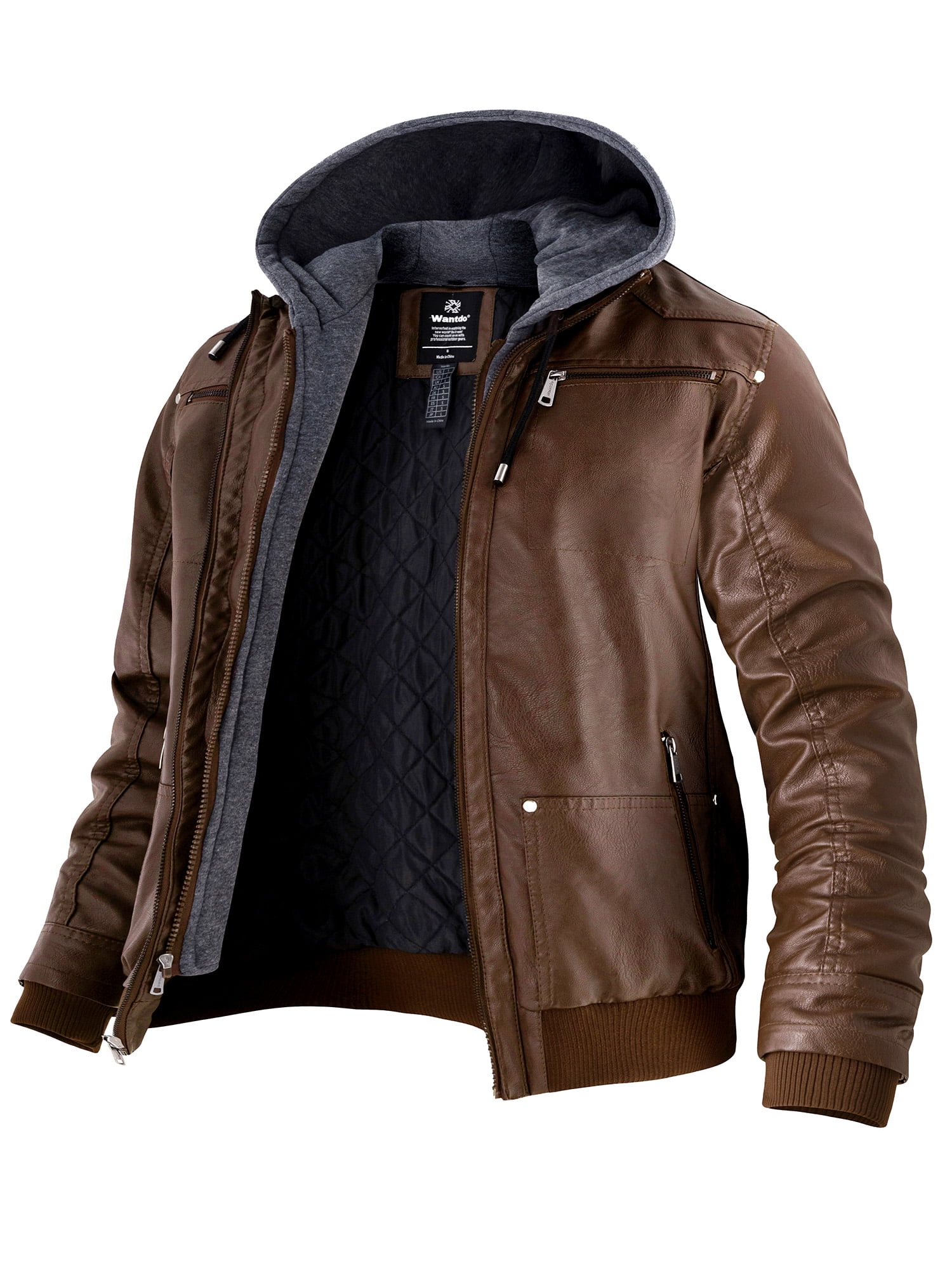 Wantdo Men's Faux Leather Coat with Hood Winter Motorcycle Jacket Brown ...