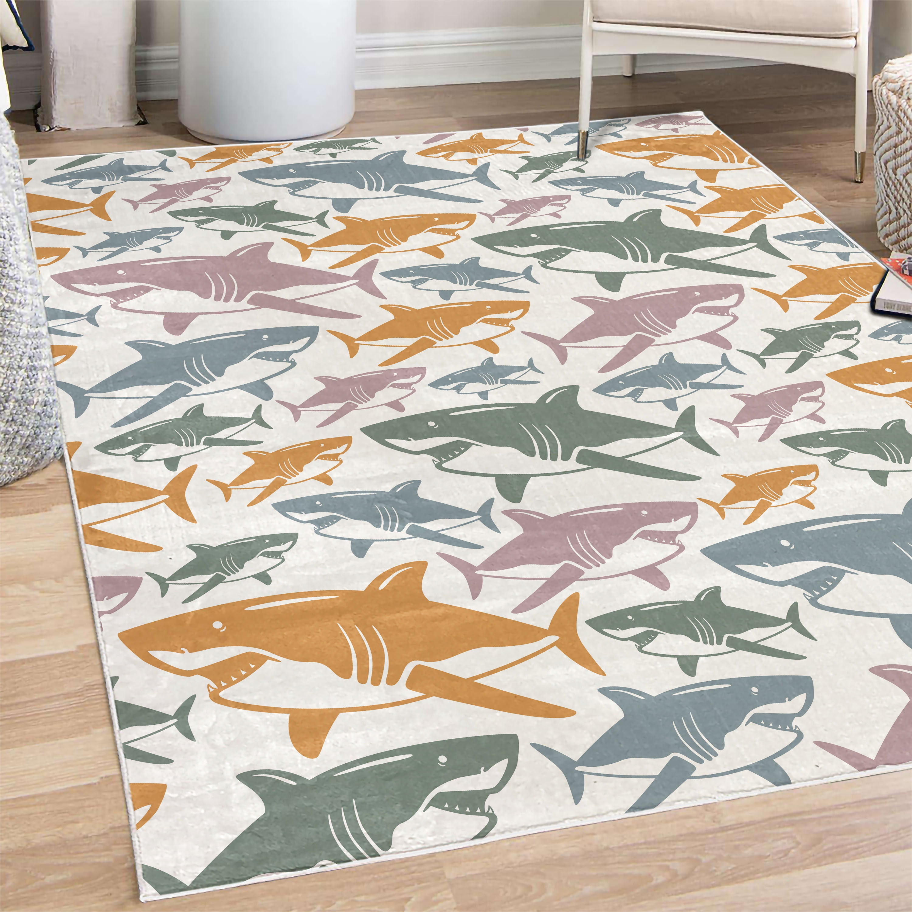Shark Decorative Rug, Colorful Underwater Fish Pattern Masters Survival ...