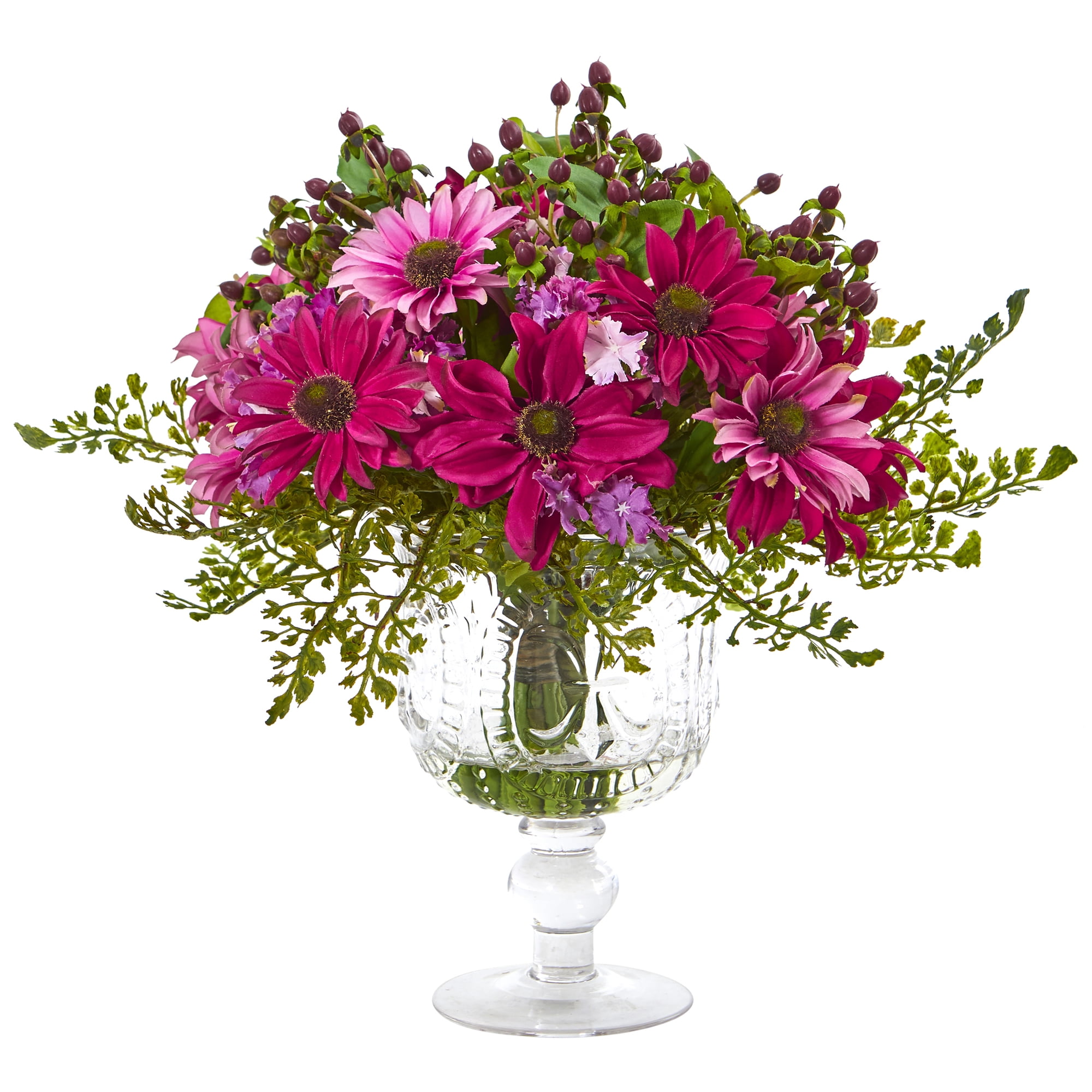 Nearly Natural Mixed Daisy Artificial Arrangement in Royal Glass Urn ...