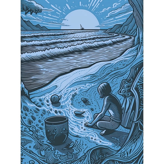 Beachcombing Coastal Landscape Blue Illustration Unframed Wall Art ...