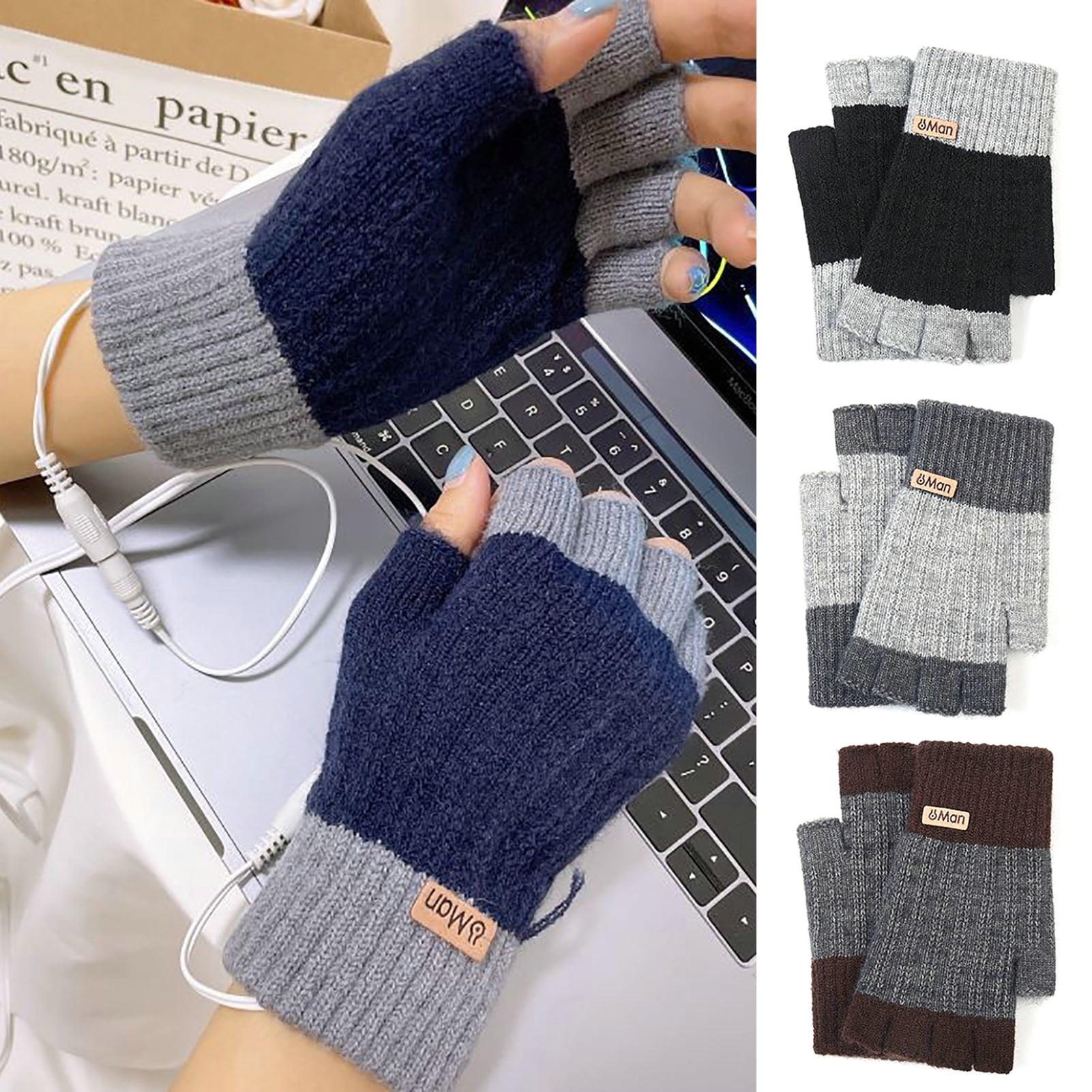 2Pcs/Pair Half Finger Gloves Wool Knitting No Overheating Low Current ...