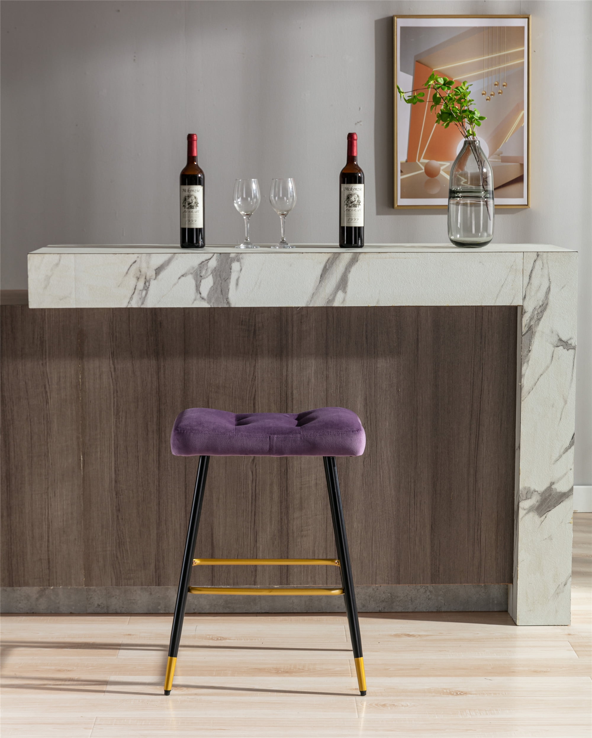 Bar Stools, Velvet Tufted Upholstered Bar Chairs with Back and Footrest ...