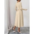 Beige Long Sleeve Fit & Flare Midi Dress With Pockets Elegant Casual A ...