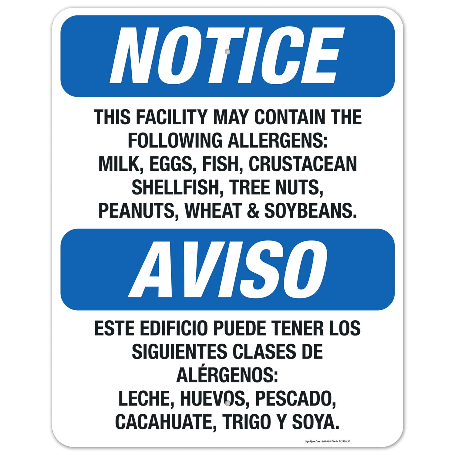 Food Allergy Notice Milk, Eggs, Fish, Crustacean, Nuts, Bilingual Sign ...