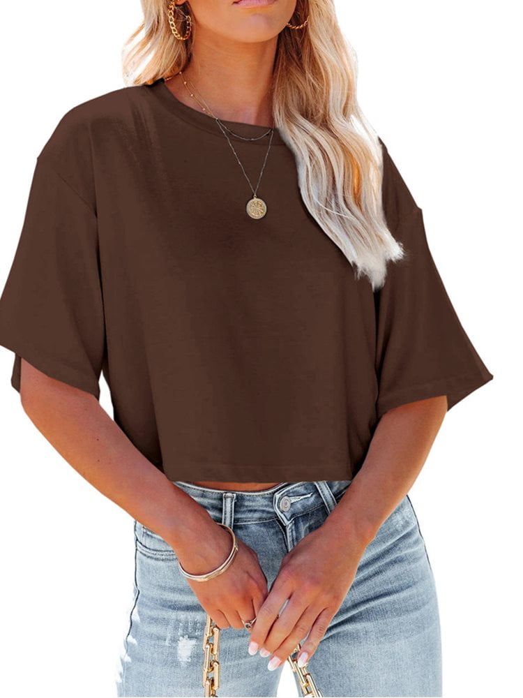 Dellytop Women Half Sleeve Drop Shoulder Solid Color Basic Crop Tops ...