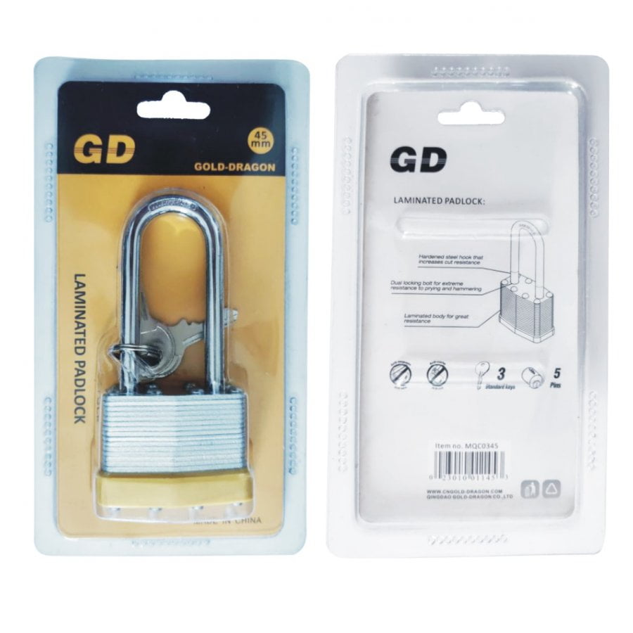 LAMINATED STEEL PADLOCK,LONG SHACK 1-PACK IN BLISTER 45mm Long shackle ...