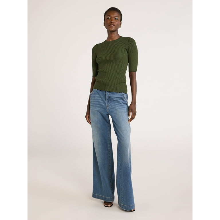 Scoop Women's Rib Knit Sweater with Elbow Length Sleeves Scoop Women's Rib Knit Sweater with Elbow Length Sleeves