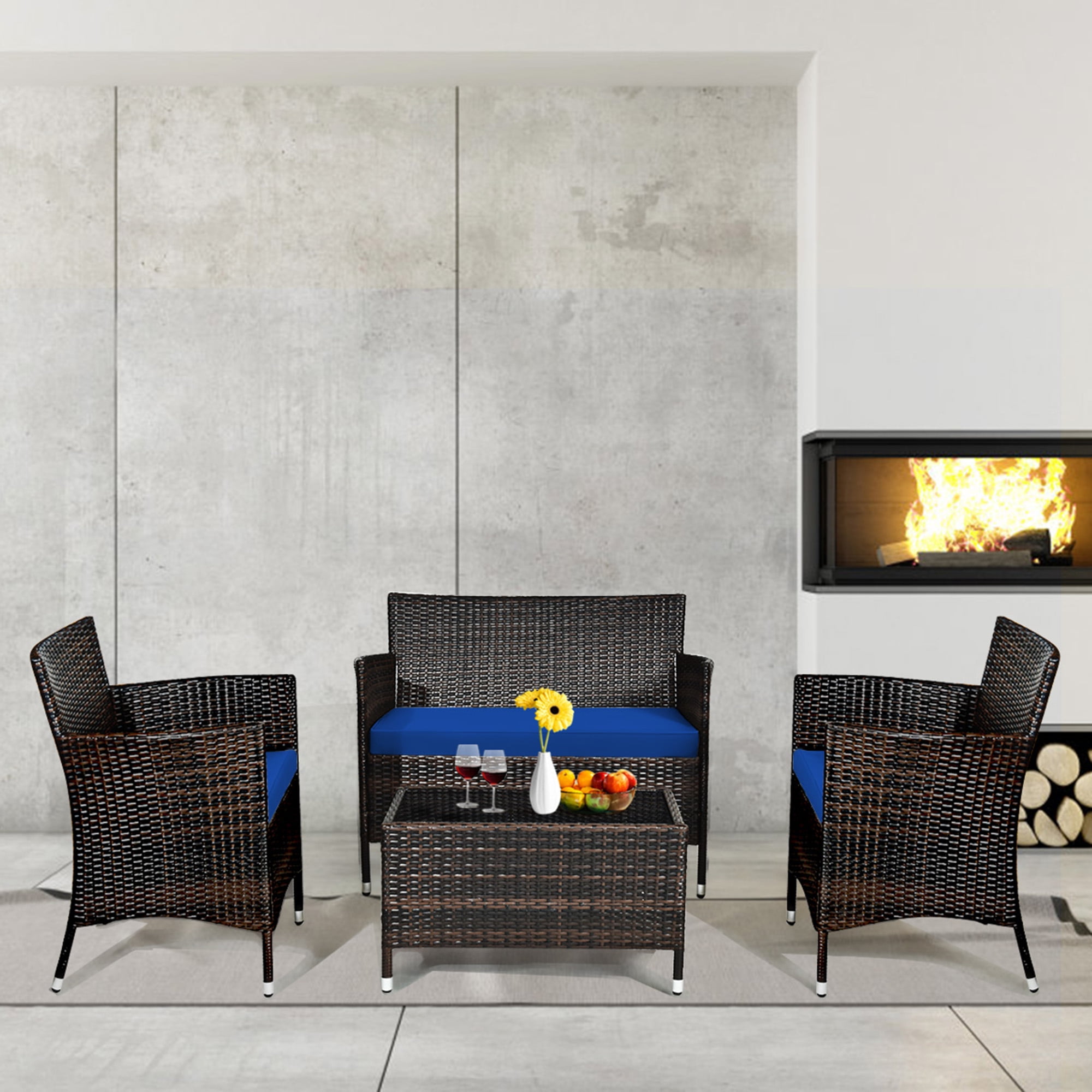 Gymax 4pcs Patio Rattan Conversation Furniture Set Outdoor W Cushion