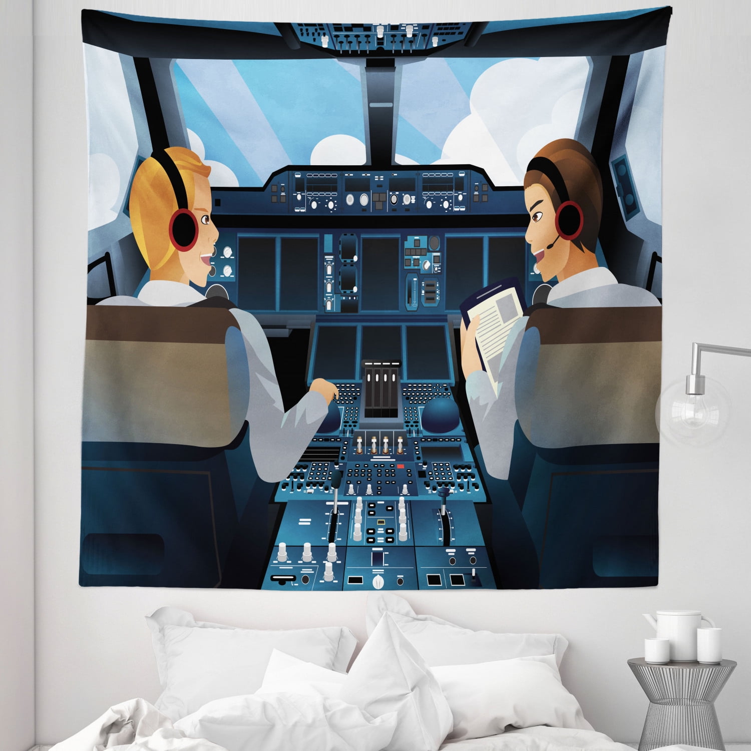 Airplane Cockpit Tapestry, Board Cabin Captian Pilot Cartoonish ...