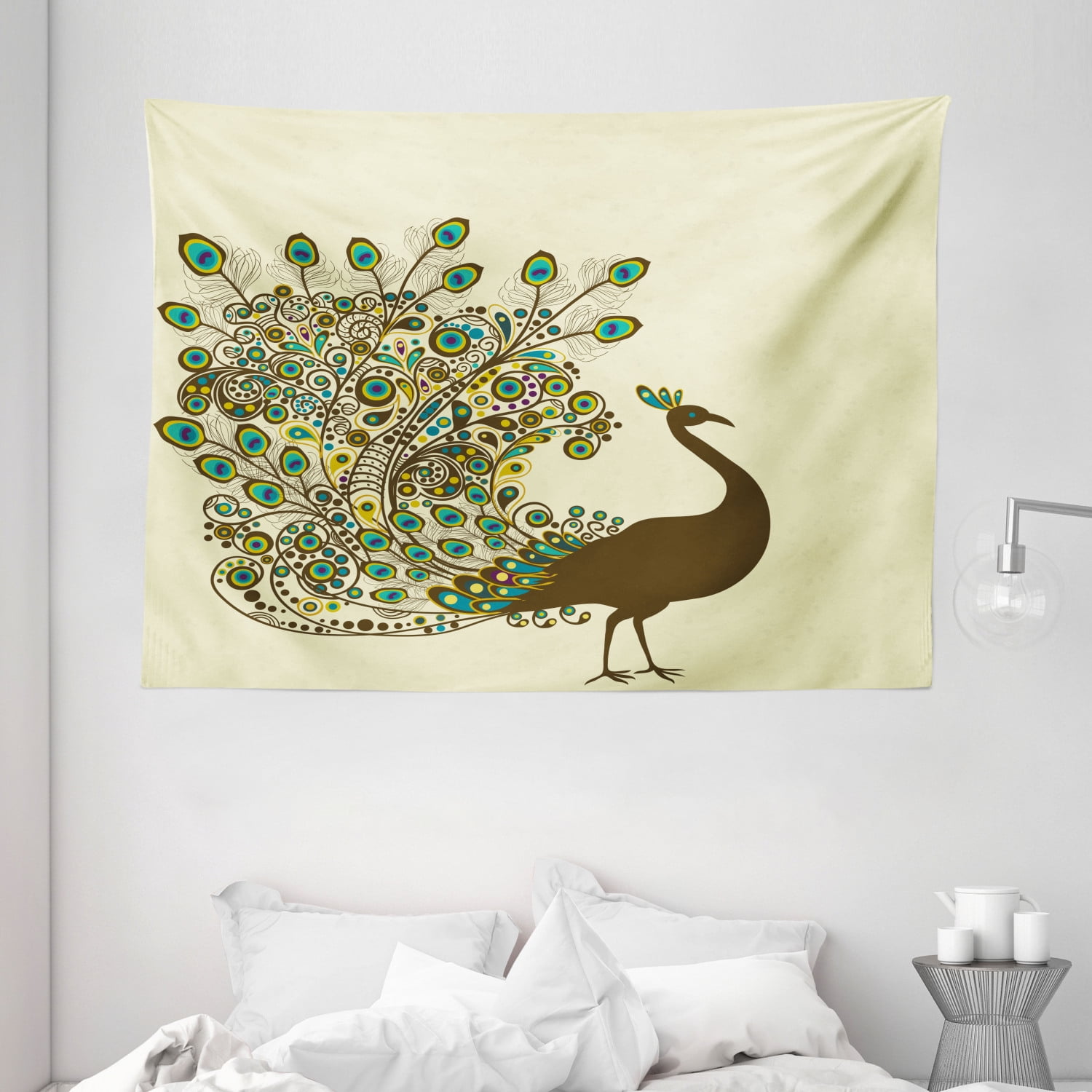 Peacock Tapestry, Detailed Peacock Bird Profile Wings Open on Beige ...