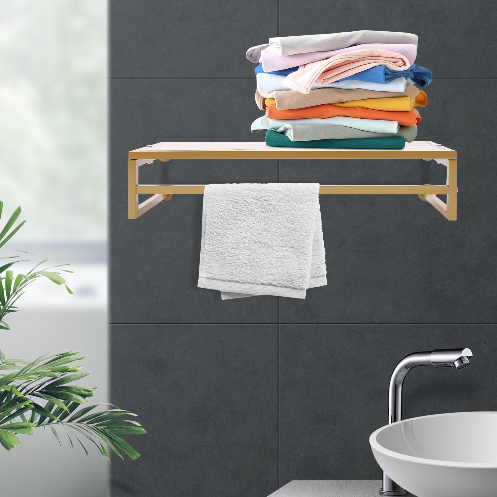 Miumaeov Floating Shelf with Clothes Rod Gold Industrial Pipe Shelving ...