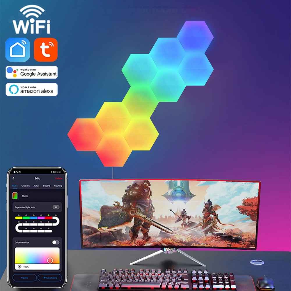 Rosnek 10 Pack Hexagon Wall Light, Smart Control Music Sync RGBIC Led Light Wall Panels Hexagon ...