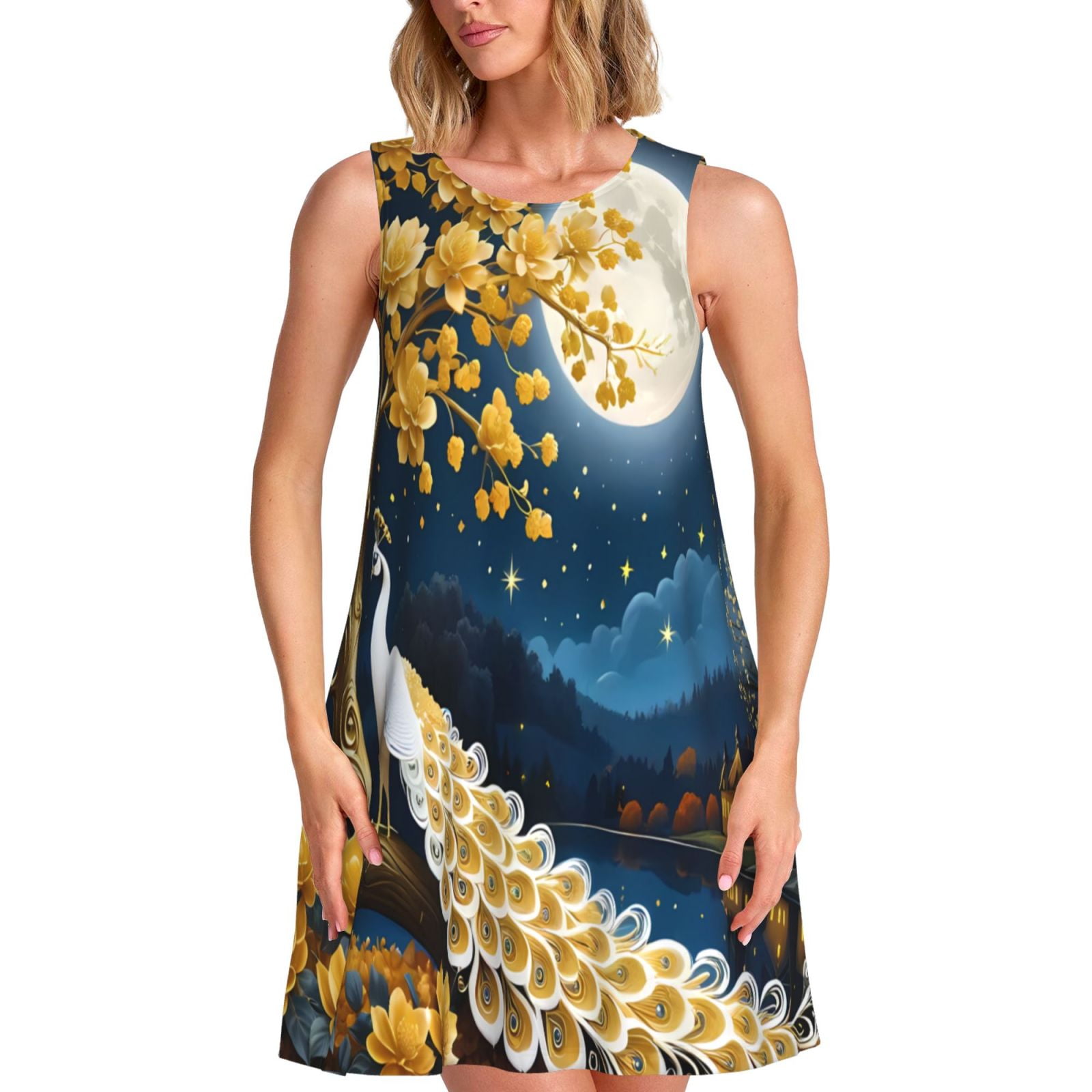 Fotbe Moonlit Golden Tree Peacock Vestido de Verano sin Mangas para ...