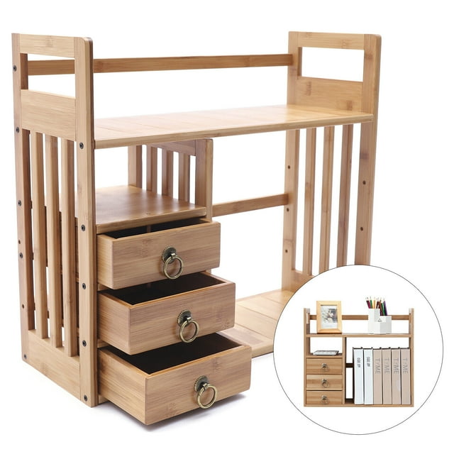 Bamboo Desktop Bookshelf Adjustable Desk Organizer Shelf Storage Rack ...