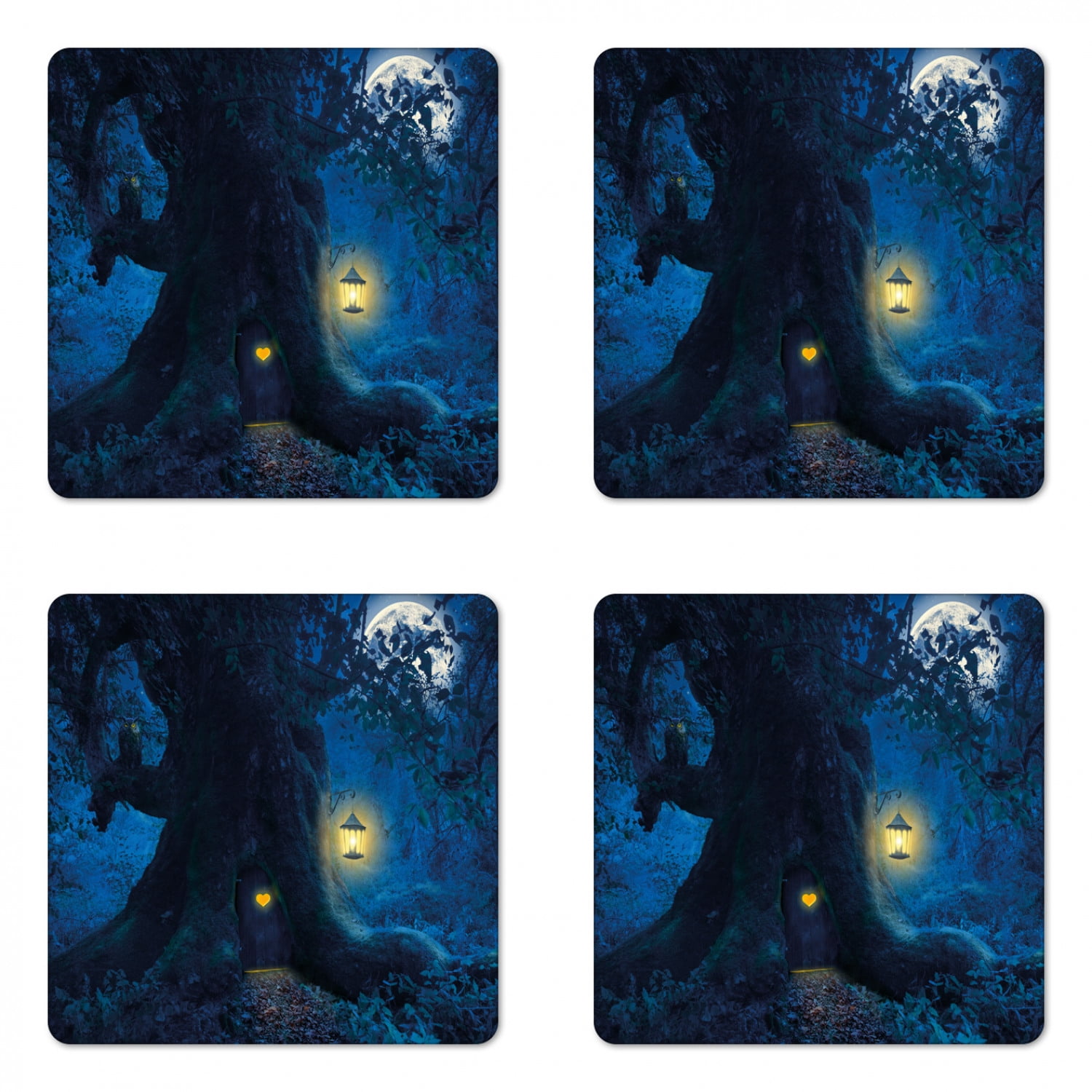 Forest Coaster Set of 4, Night with Home in Trunk of Enchanted Tree ...