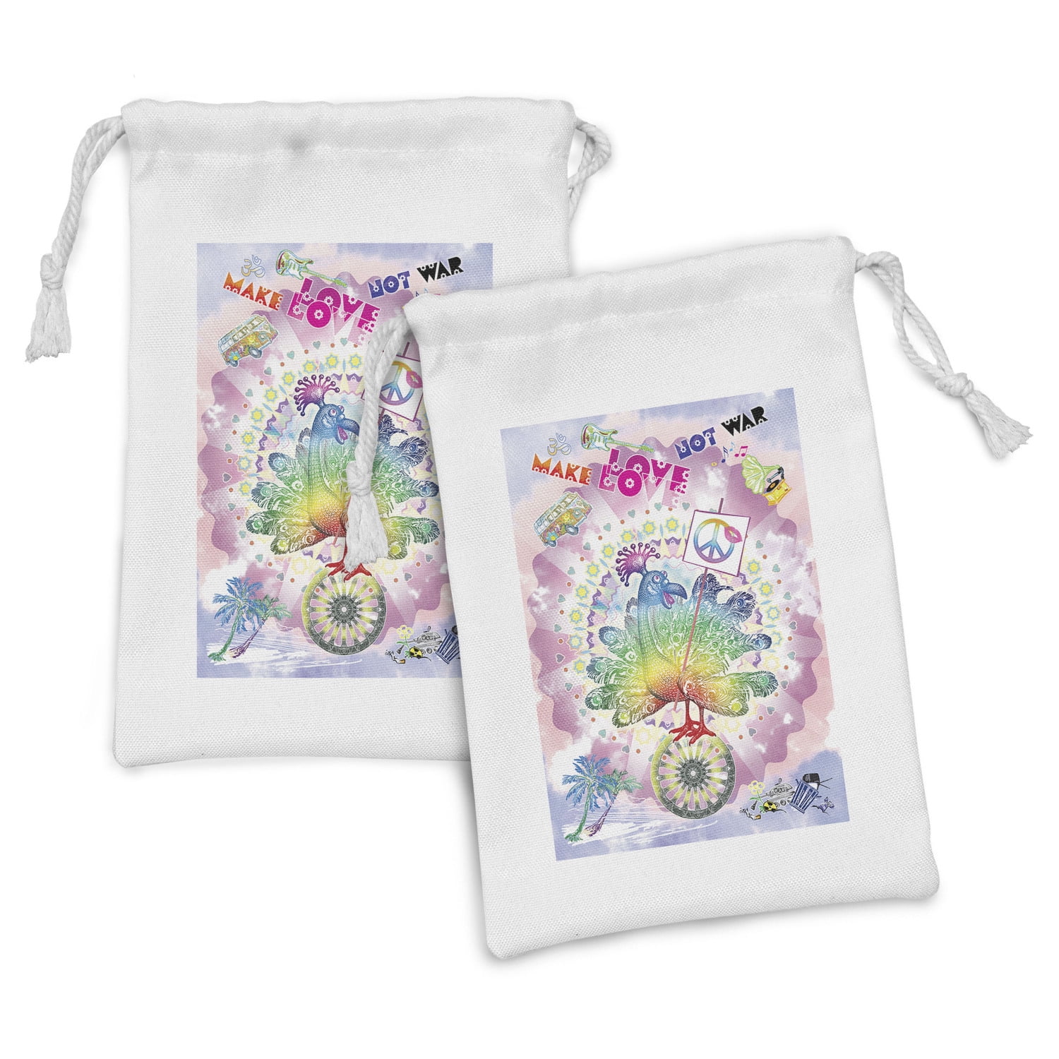 Thanksgiving Fabric Pouch Set of 2, Tropical Hippie Turkey Love ...