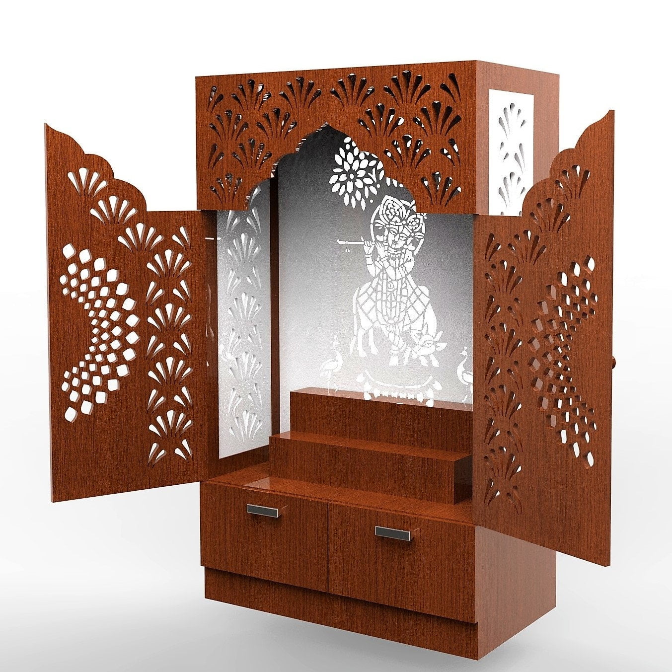 Large Wooden Mandir With Doors And Cabinets / Mandir With LED Lights ...