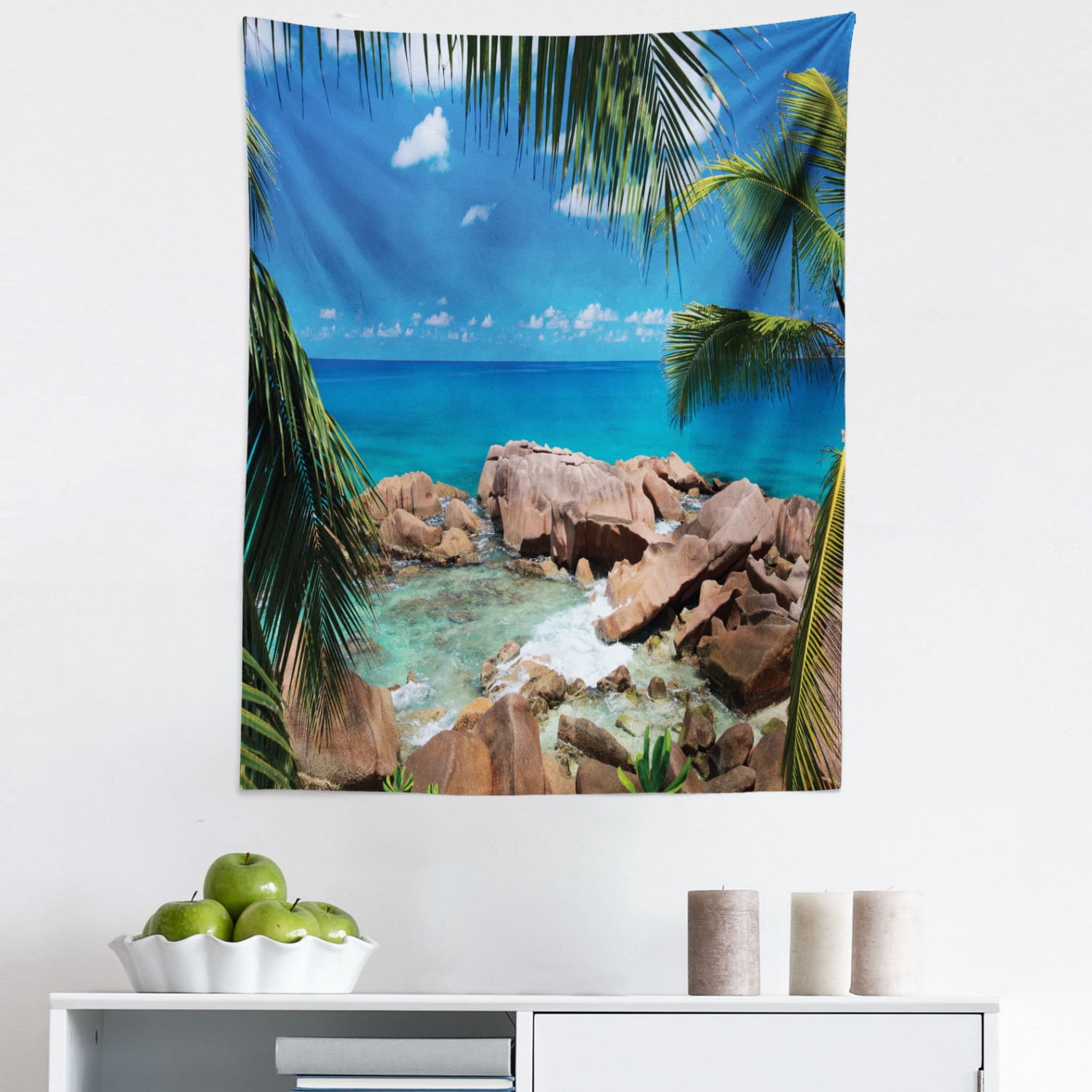 Turquoise Tapestry, Idyllic Rocky Coast Island with Palm Leaves in ...