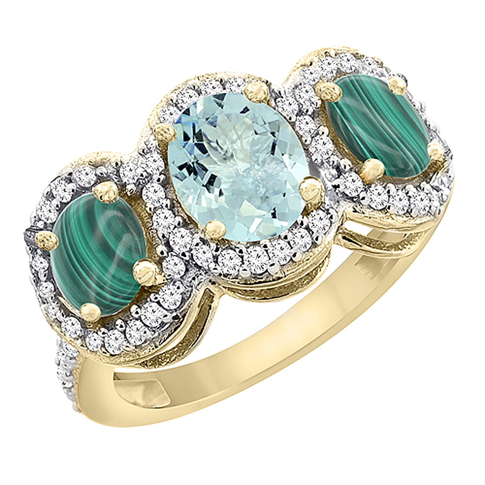 14K Yellow Gold Natural Aquamarine & Malachite 3-Stone Ring Oval ...