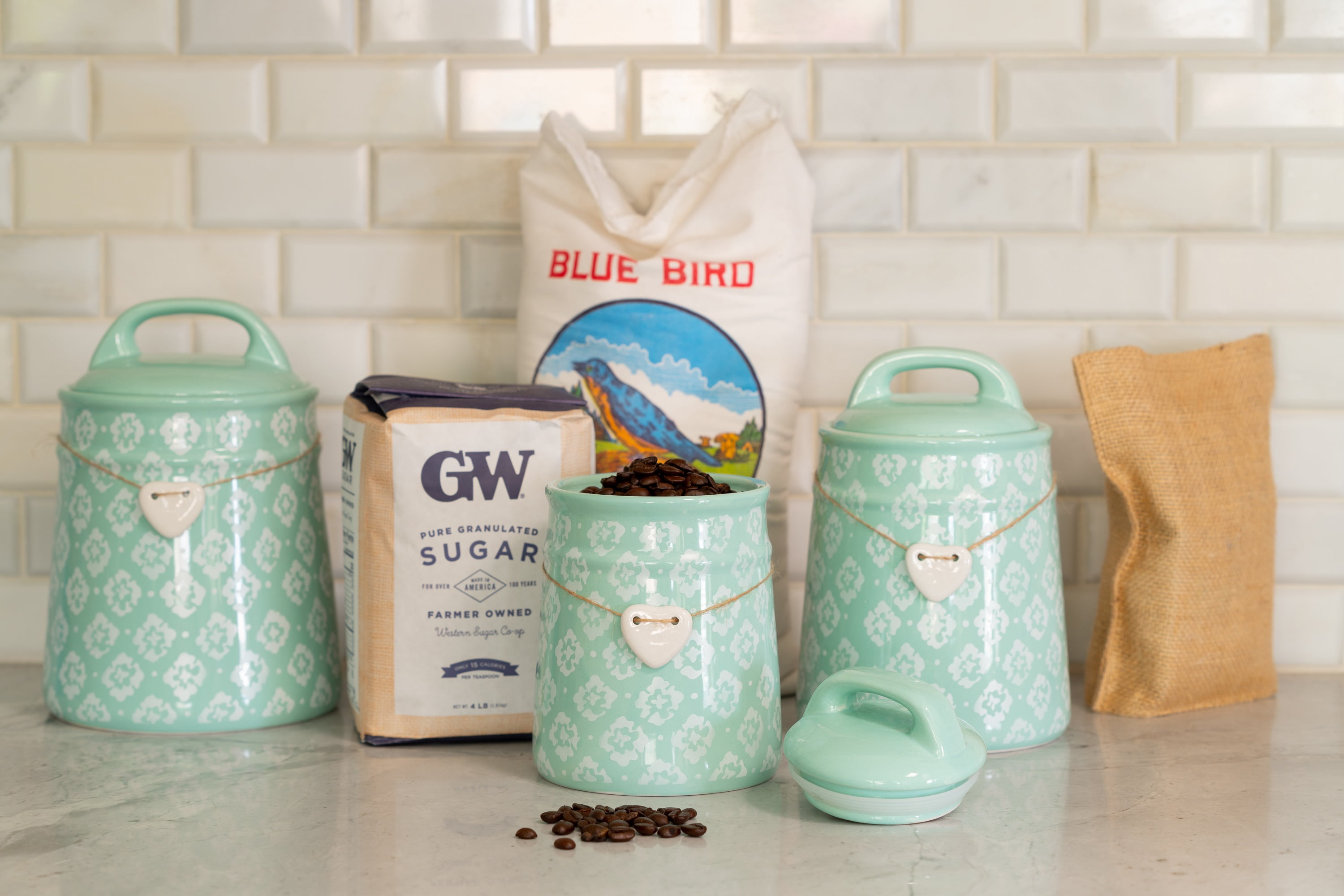 10 Strawberry Street Blossom 3 Piece Ceramic Canister Set, Turquoise ...