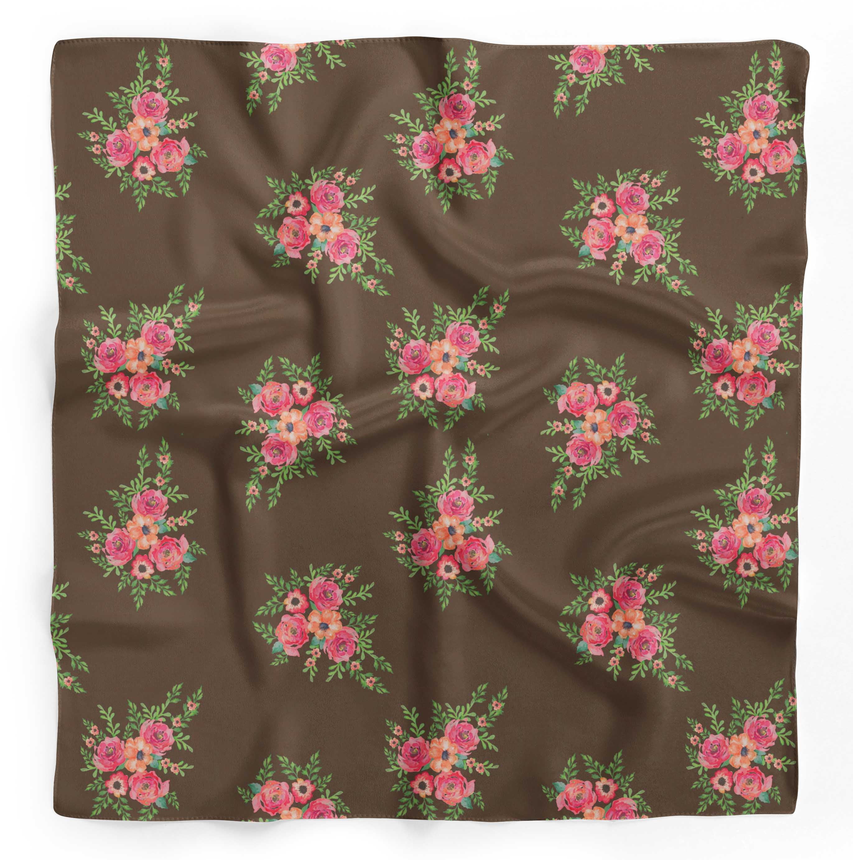 Bimba Brown Flower Floral Printed Pure Silk Scarf For Hair Neck Head ...
