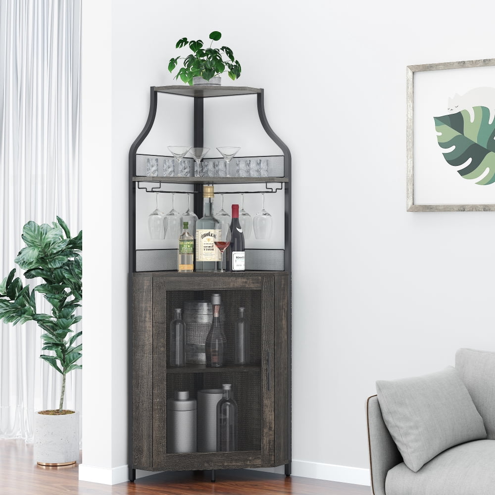 Alician 5-Tier Corner Bar Cabinet w/Led Light, Farmhouse Wine Bar ...